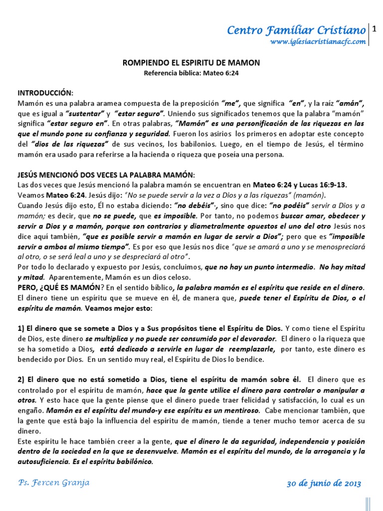 22 Rechazando El Espíritu de Mamón (Notas Del Mensaje) - 2013-06-30 | PDF | Jesús | Dios
