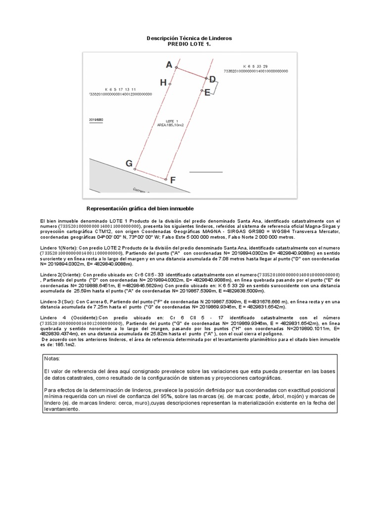 Descripción Técnica de Linderos LOTE 1 | PDF | Tecnología geográfica ...
