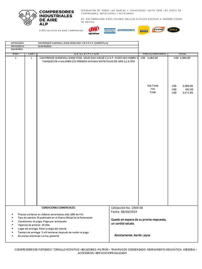 Cotización Compresor Ingersoll Rand SS3J5.5GH-WB | PDF
