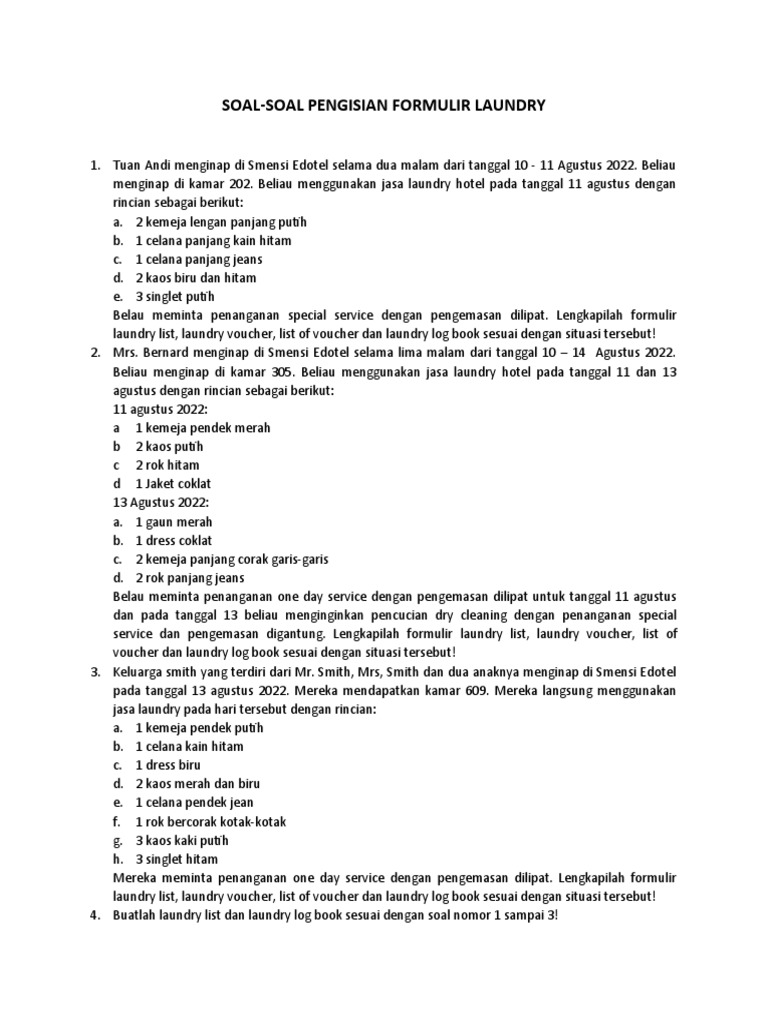 SOAL PENGISIAN FORMULIR LAUNDRY | PDF