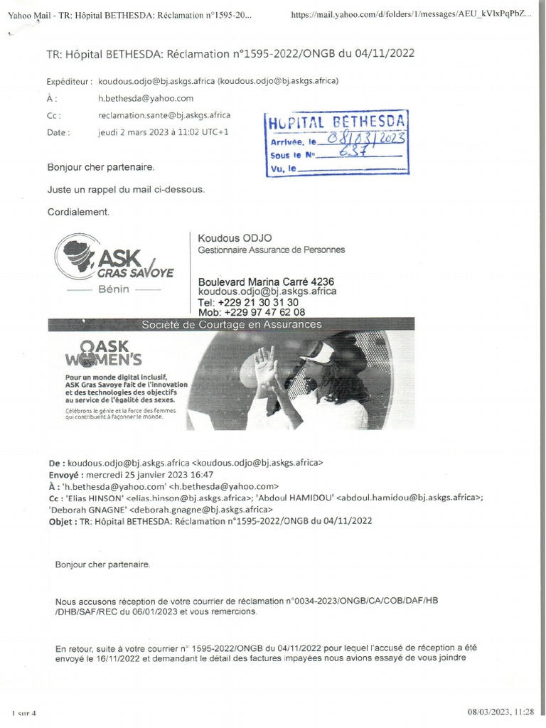 08 03 2023 AS Réclamation N°1595-2022 - ONGB Du 04 11 2022 - ASK GRAS SAVOYE PDF | PDF