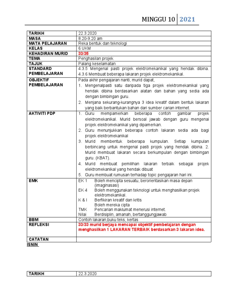 Minggu 10: Tarikh Masa Mata Pelajaran Kelas Kehadiran Murid Tema Tajuk Standard Pembelajaran ...