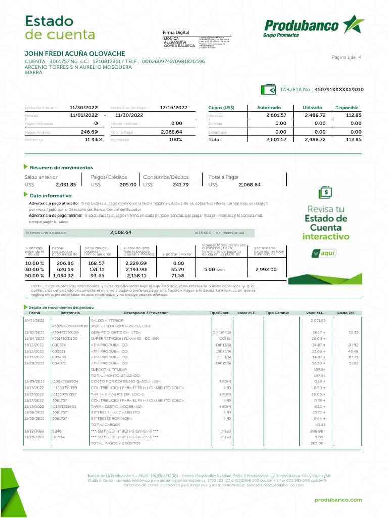 Estado de Cuenta Produbanco 2022 | PDF | Tarjeta de crédito | Tarjeta de débito