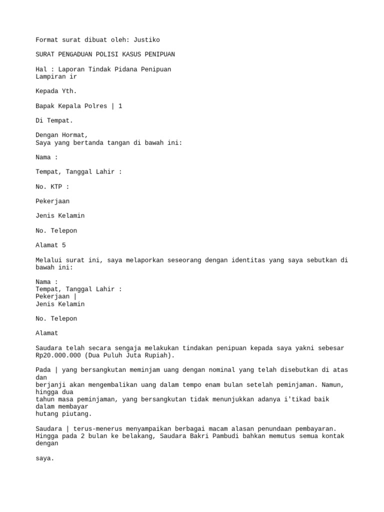 Surat-Pengaduan-Polisi-Kasus-Penipuan-1 | PDF