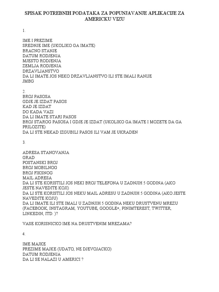 Spisak Potrebnih Podataka Za Popunjavanje Aplikacije Za Americku Vizu | PDF