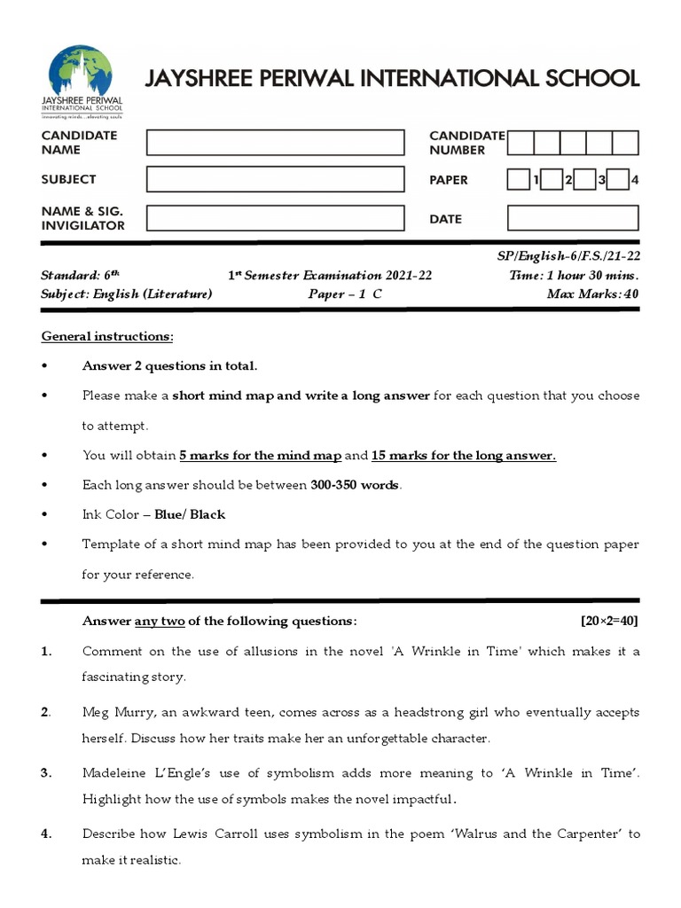 Grade - 6 - English (Literature) - Paper - 1 (C) PDF | PDF