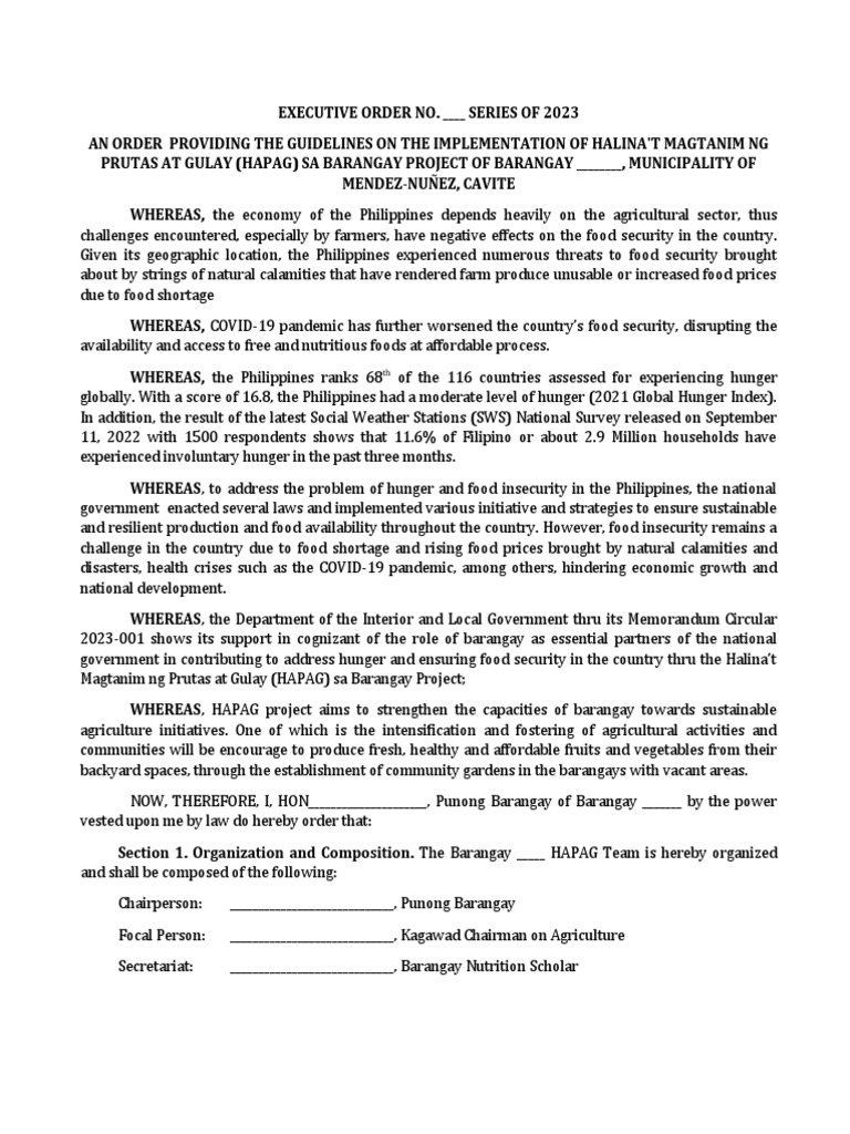 EO-HAPAG For Barangays | PDF | Food Security | Hunger