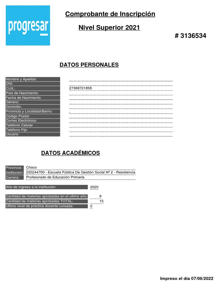 ProgresAR Comprobante Inscripcion PDF | PDF