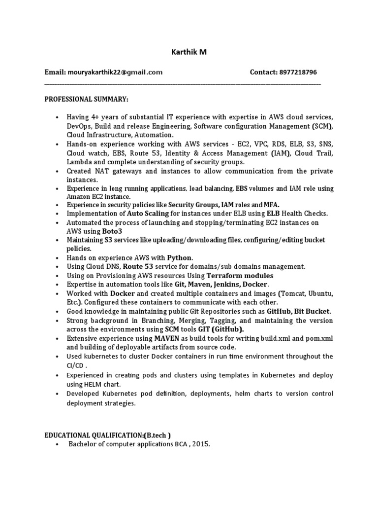 AWS DevOps Engineer Resume Summary | PDF | Amazon Web Services | Cloud ...