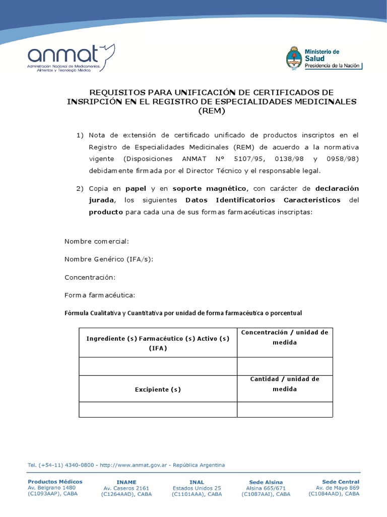 Anmat Formulario Unificacion | PDF | Farmacéutico | Cuidado de la salud