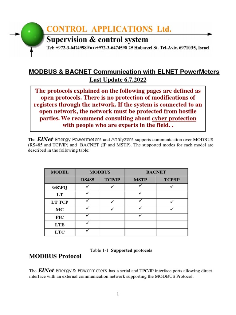 MODBUS & BACNET protocols guide for ElNET power meters | PDF | Computer Hardware | Network Protocols