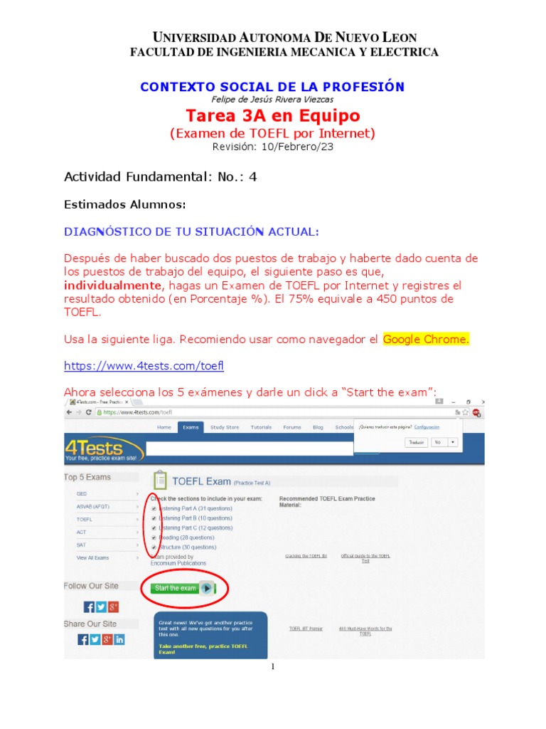 Tareas 3A (AF 4) TOEFL y 3B Competencias. en Equipo. CSP. 1S23 PDF | PDF | Microsoft Word | Software