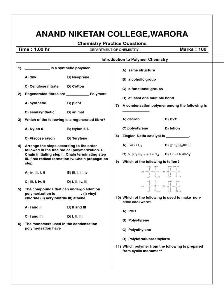 Introduction to Polymer Chemistry Practice Questions | PDF | Polymers | Polymerization