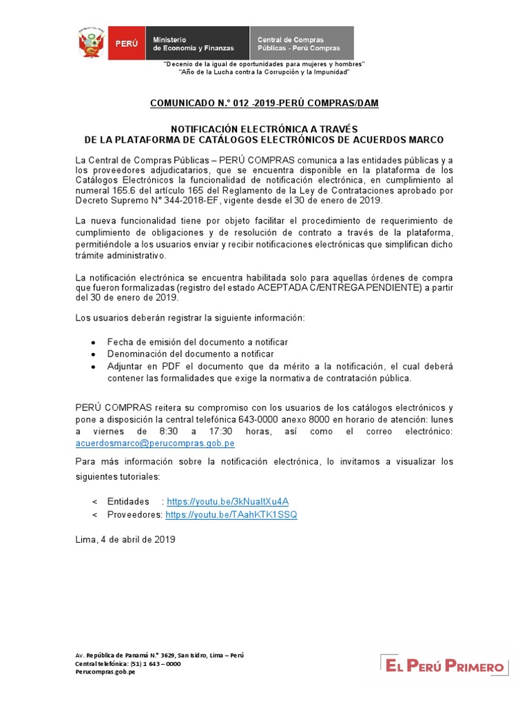 COMUNICADO 012-2019 PER COMPRAS - Notificación Electrónica A Través de La Plataforma de ...