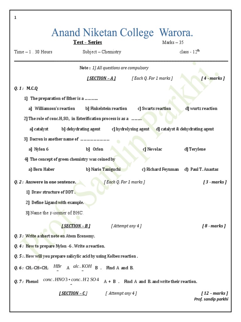 Chemistry Paper (12 TH New Pattern) | PDF | Chemistry | Organic Compounds