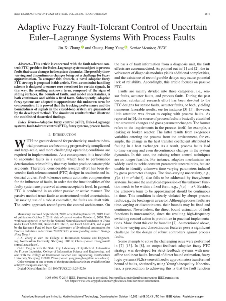 Adaptive Fuzzy Fault-Tolerant Control of Uncertain Euler– Lagrange Systems With Process Faults ...