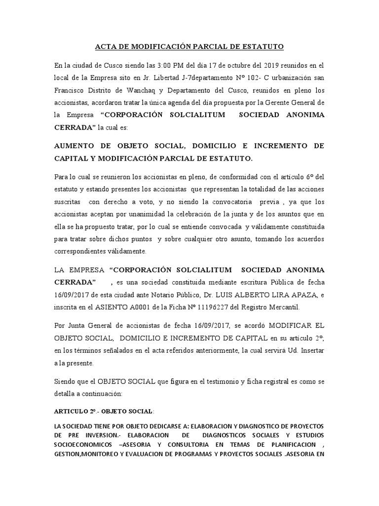 Acta de Modificación Parcial de Estatuto Modelo Sac | PDF | Sociedad de responsabilidad limitada