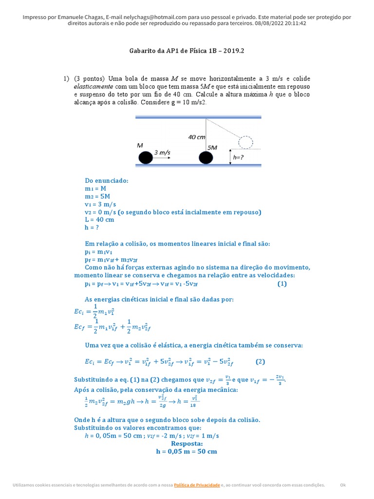 GabaritoAP1Física1B2019 - 2 (2) - Passei Direto | PDF | Colisão | Massa