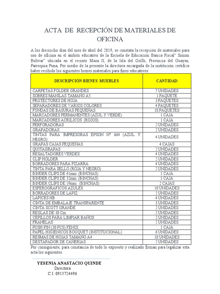 Acta de Bienes de Oficina | PDF | Percepción visual | Papelería