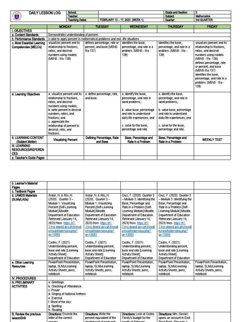DLL G5 Math Q3 | PDF | Percentage | Numbers