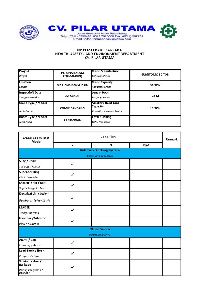 Forn Inspeksi crane pancang sumitomo.xlsx | PDF | Derek (Mesin) | Mesin