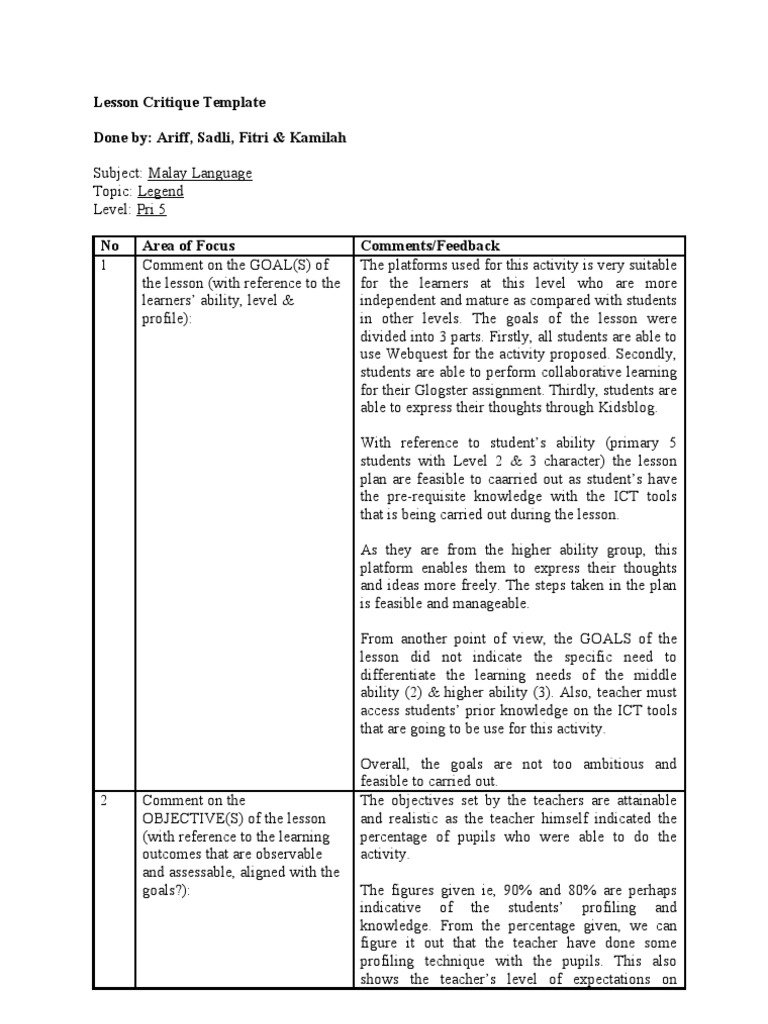 Lesson Critique Template | PDF | Educational Technology | Lesson Plan