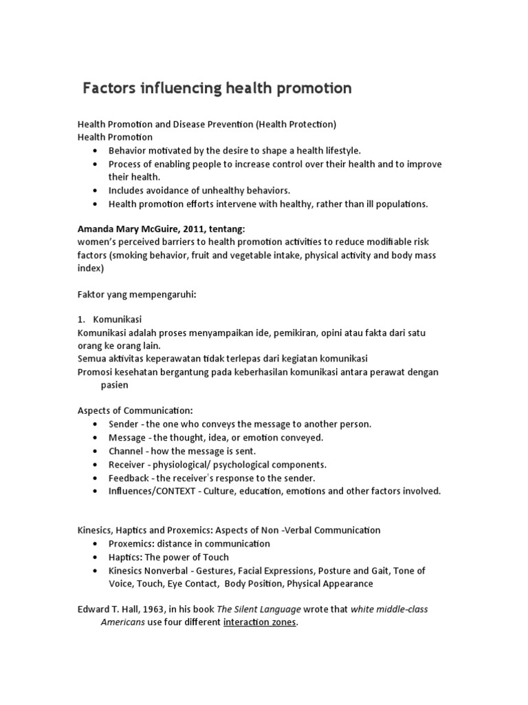 Factors Influencing Health Promotion | PDF | Communication | Human ...
