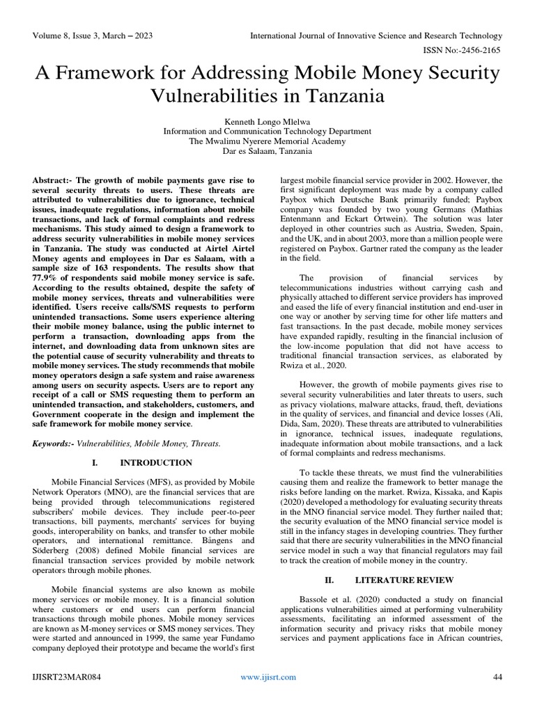 A Framework For Addressing Mobile Money Security Vulnerabilities in Tanzania | PDF | Security ...
