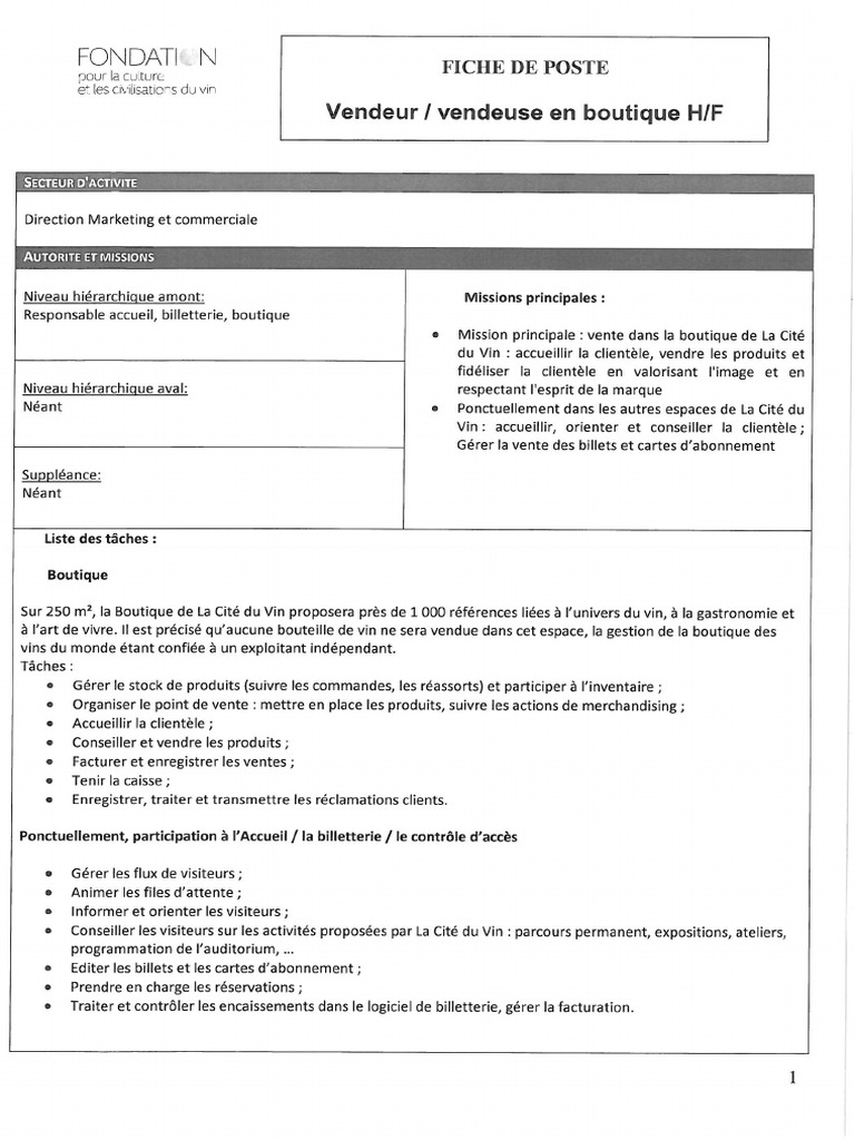 Fiche de Poste Vente Boutique PDF | PDF