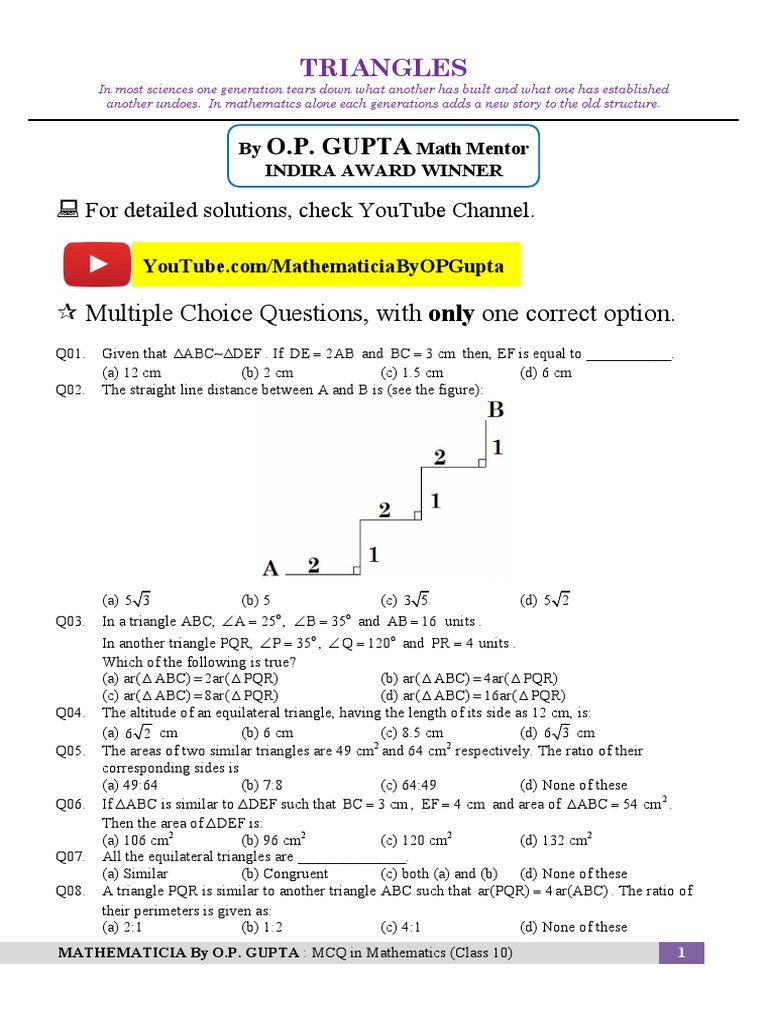 MCQ Triangles | PDF | Triangle | Area