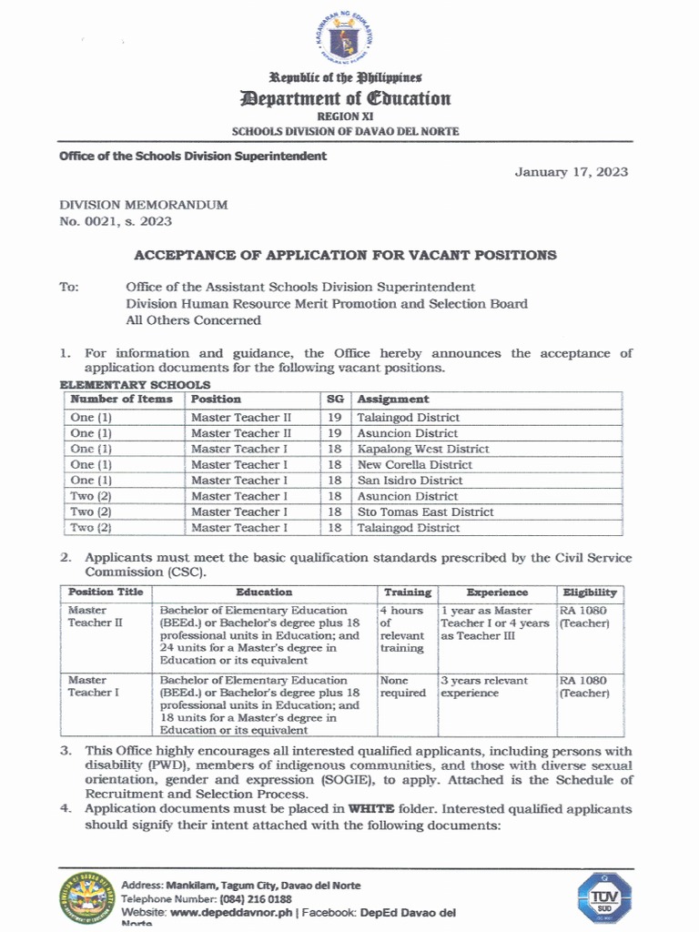 DM 0021 S. 2023 Acceptance of Application For Vacant Positions Master ...