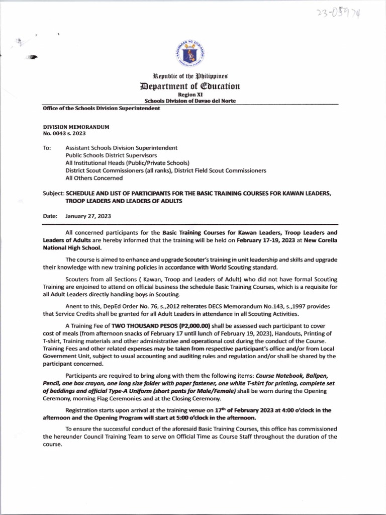 DM 0043 S. 2023 Schedule and List of Participants For The Basic ...