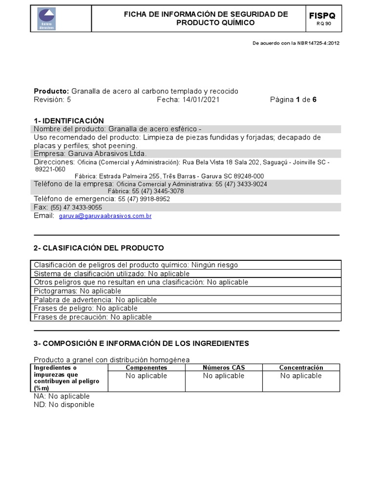 RQ 90 Ficha de Segurana Granalha de Ao Esferica - ES PDF | PDF