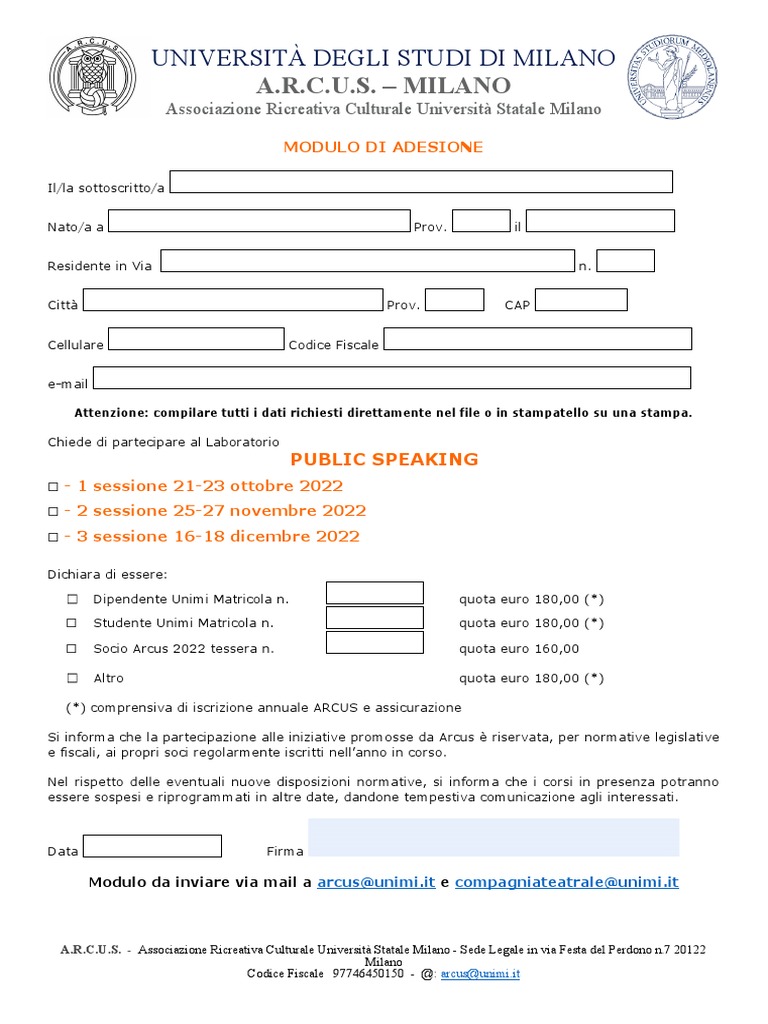 MODULO DI ADESIONE - CT - Public Speaking 2 Quadr 2022 | PDF