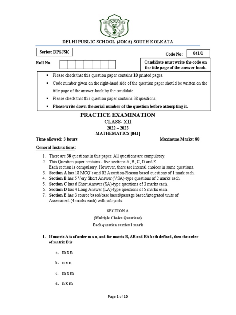 XII Mathematics Set 1 | PDF | Matrix (Mathematics) | Mathematics