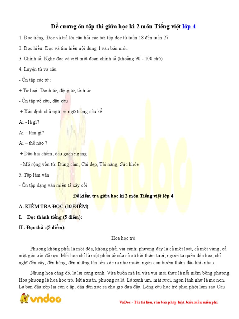 De Cuong On Tap Giua Hoc Ki 2 Lop 4 Mon Tieng Viet | PDF