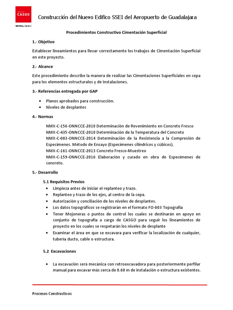 PR-CT-003 Procedimiento Constructivo Cimentacion Superficial PDF | PDF | Hormigón | Acero