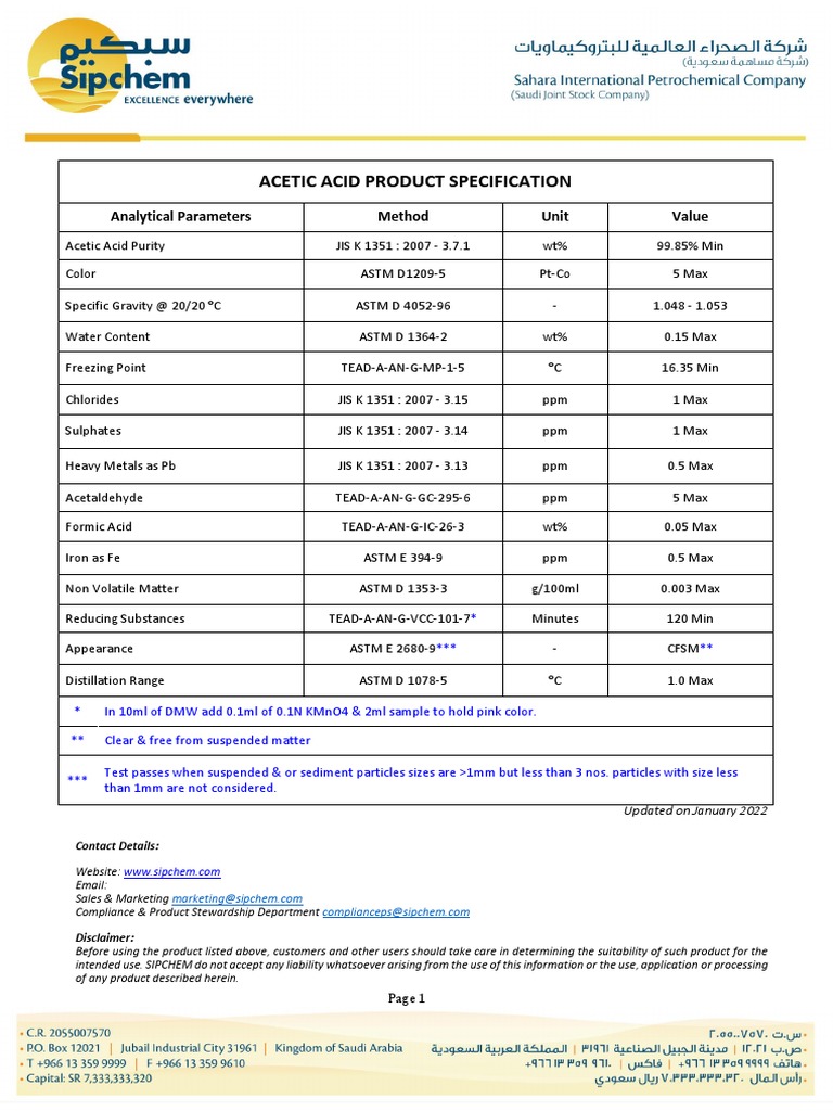 Acetic Acid Specification Overview | PDF | Acetic Acid | Chemistry