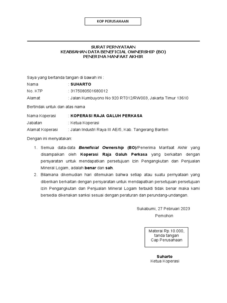 SURAT PERNYATAAN KEABSAHAN DATA BO | PDF