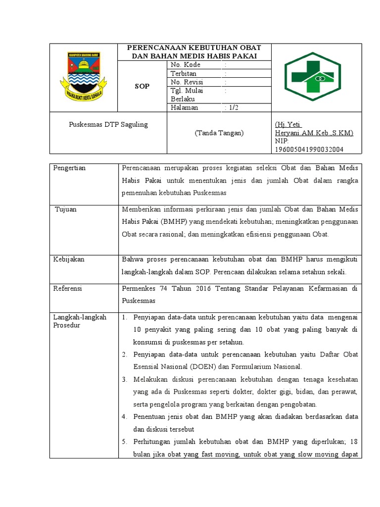 SOP PERENCANAAN KEBUTUHAN OBAT DAN BAHAN MEDIS HABIS PAKAI | PDF