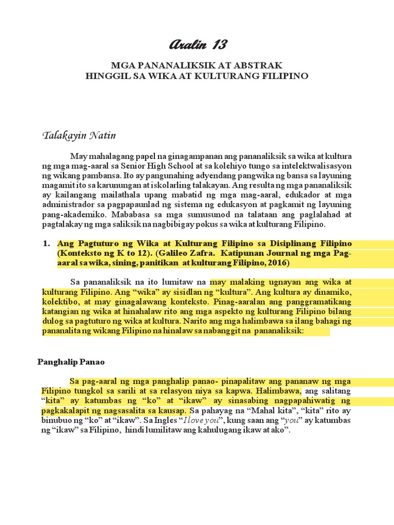 Aralin 13 - Mga Pananaliksik at Abstrak Hinggil Sa Wika at Kulturang ...