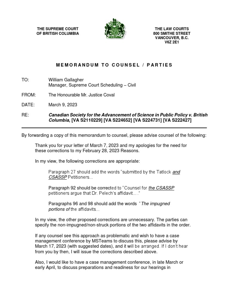 2023-03-09 - Memorandum To Counsel (Justice Coval Acknowledges Need To ...