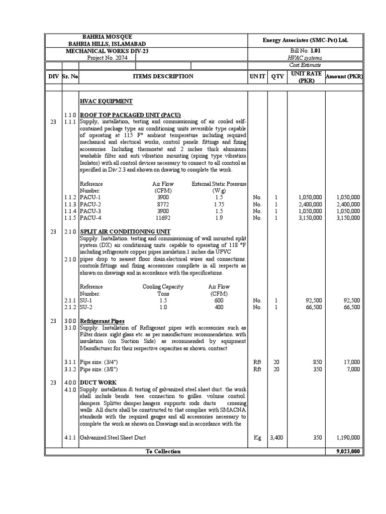 Cost Estimate for HVAC Systems for Bahria Hills Mosque Project | PDF ...