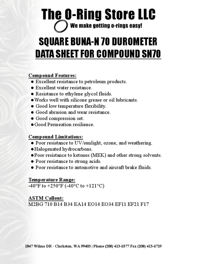 Comprehensive Data Sheet for SN70 Buna-N Rubber: Properties ...