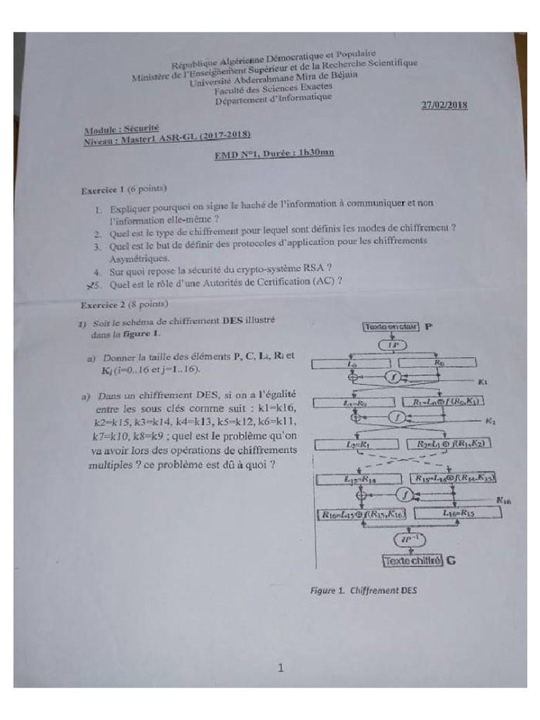 Examen Corrigé Sécurité Informatique, Univ Bejaia, 2018 PDF | PDF