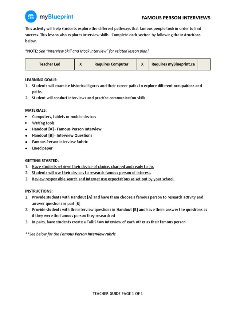 Famous Person Interviews | PDF | Rubric (Academic) | Lesson Plan