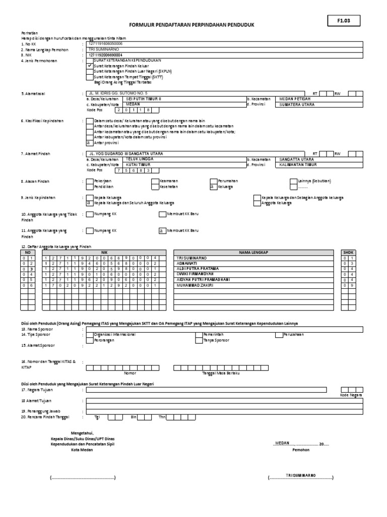 Contoh Formulir F1.03 Perpindahan Penduduk | PDF