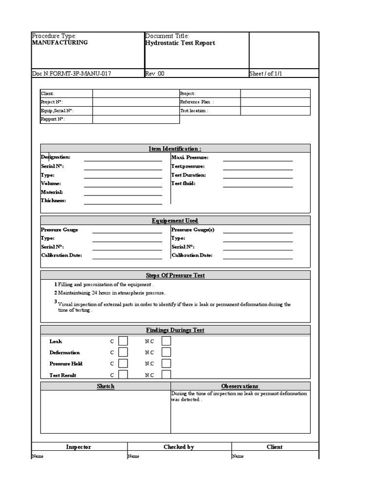 FORM-AT-MANU-017-E Hydrostatic Test Raport | PDF | Mechanical Engineering