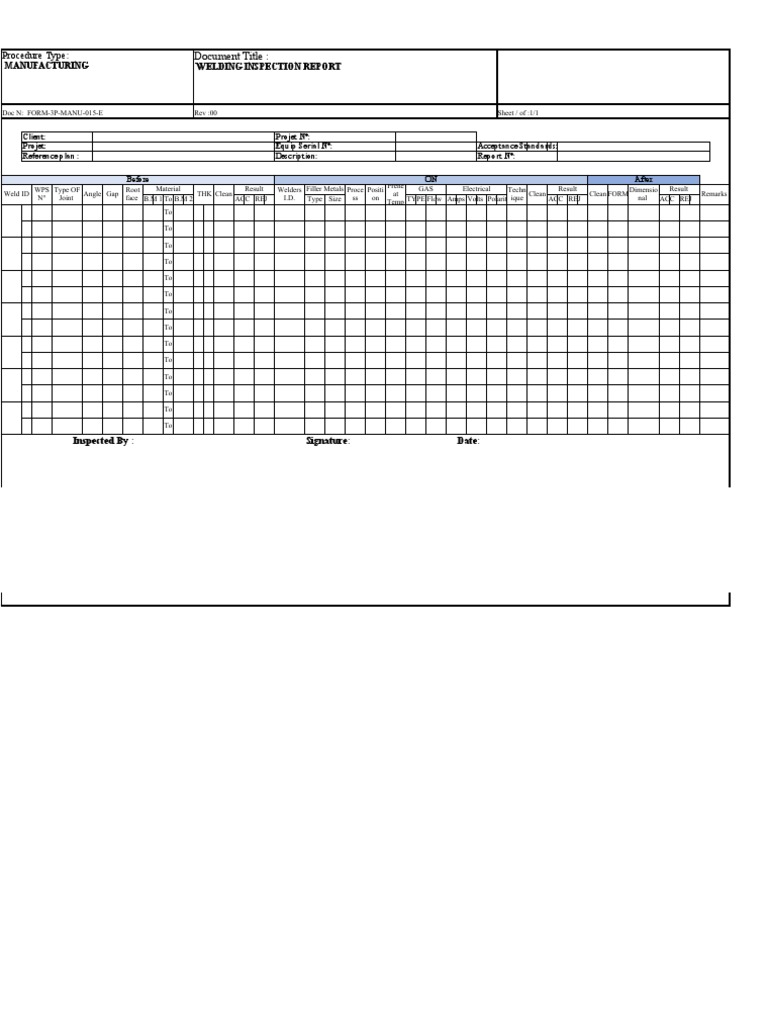 FORM-AT-MANU-015-E Welding Inspection Report | PDF | Welding | Construction