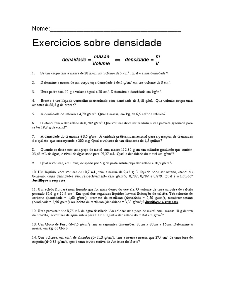 Lista de Exercícios Sobre Densidade para 9 Ano | PDF